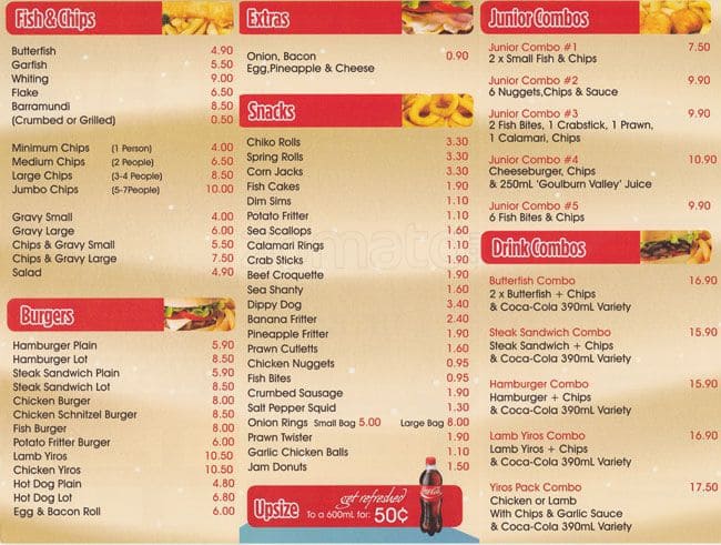 Menu at Bay Fish Shop restaurant, Glenelg