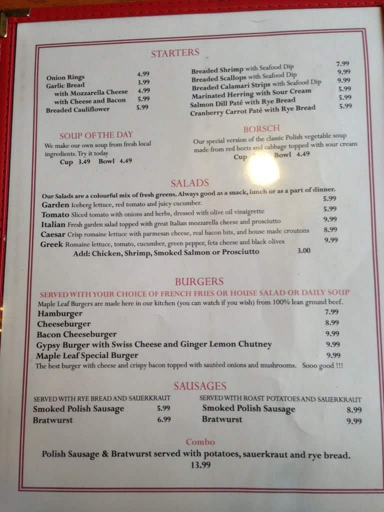 Menu at Maple Leaf restaurant, Gananoque