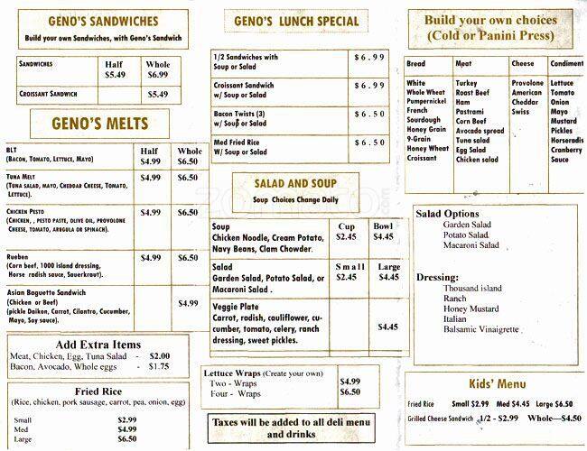 Menu at Geno's Coffee Shop & Bakery, Burien