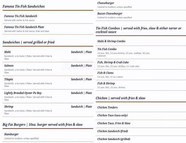Menu at Tin Fish restaurant, Oceanside, 302 The Strand N