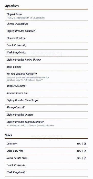 Menu at Tin Fish restaurant, Oceanside, 302 The Strand N