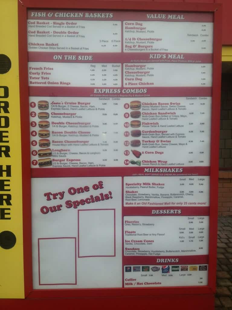 Menu at Burger Express restaurant, Spokane Valley