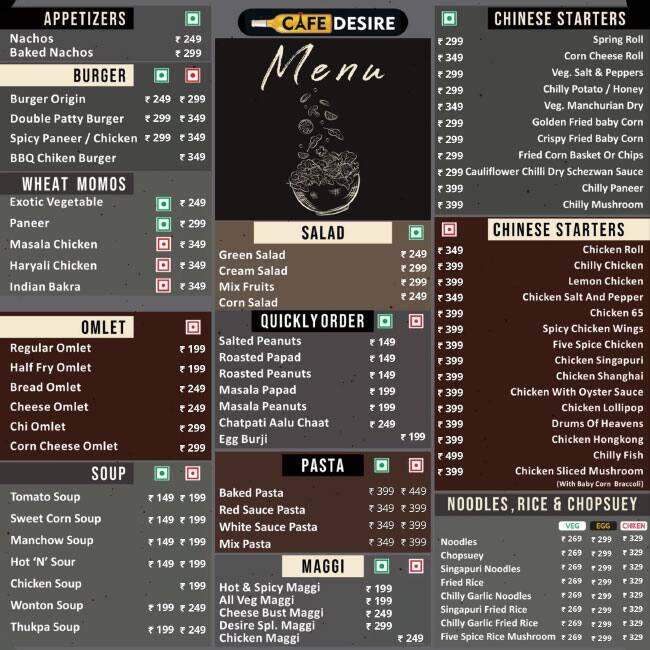 Menu of Cafe Desire, Netaji Subhash Place, New Delhi