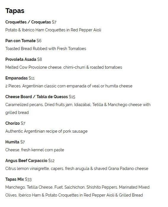Carta de parrilla El Churrasco, Miami