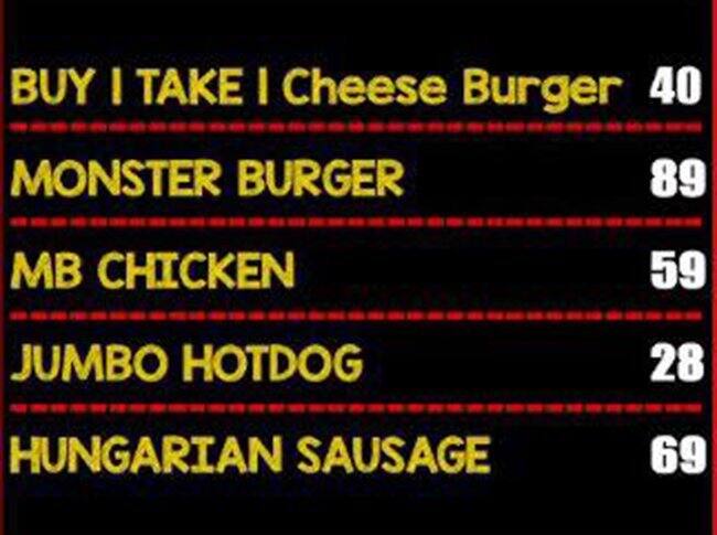 Menu at Monster Burger restaurant, Pasig