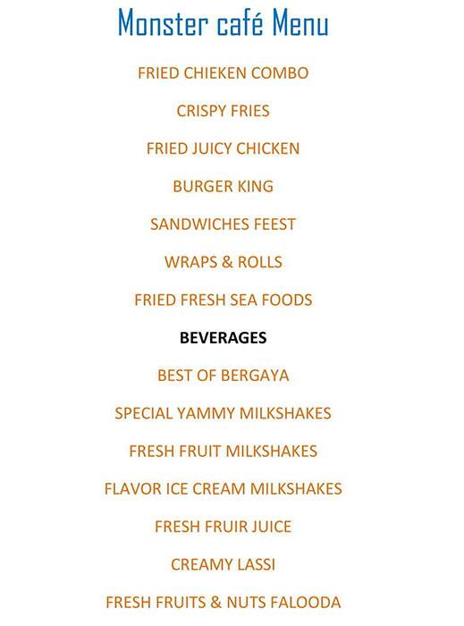 Menu at Monster cafe @99, Chennai