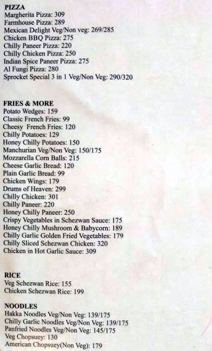 Menu at Sprocket Cafe, Dehradun