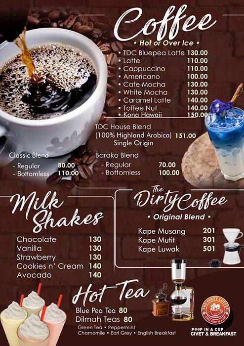 Menu at The Dirty Coffee - Civet & Breakfast restaurant, Tagaytay