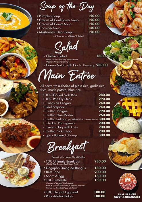 Menu at The Dirty Coffee - Civet & Breakfast restaurant, Tagaytay