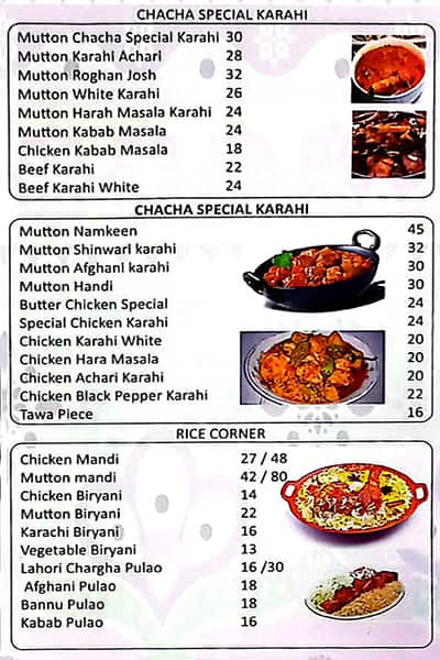 Menu at Chacha Lahori restaurant, Dubai