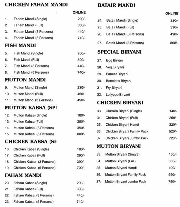 Menu of Grand Mandi & Biryani, Kompally, Hyderabad