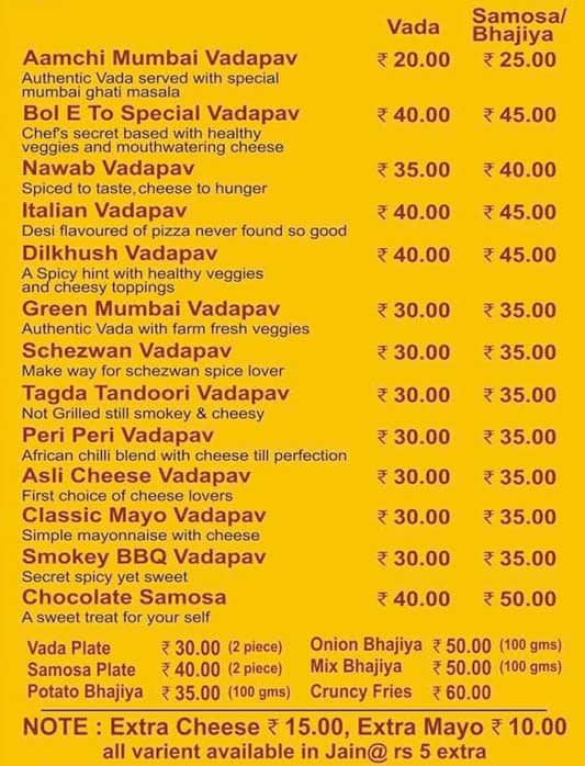 Menu of Bole To Vadapav, Ranip, Ahmedabad