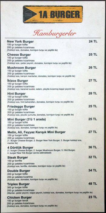 Menu at 1 Burger, Istanbul, Büyükdere Cd. No:7