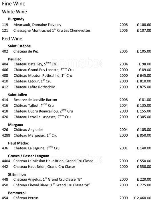 Menu at Executive Lounge, Conrad Hotel restaurant, London, 1st Floor