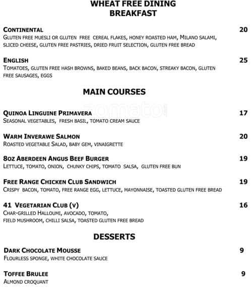 Menu at Executive Lounge, Conrad Hotel restaurant, London, 1st Floor