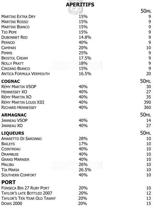Menu at Executive Lounge, Conrad Hotel restaurant, London, 1st Floor