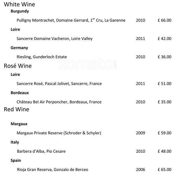 Menu at Executive Lounge, Conrad Hotel restaurant, London, 1st Floor