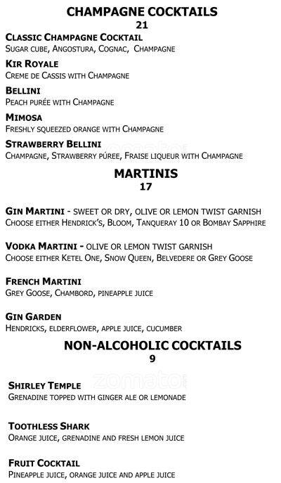 Menu at Executive Lounge, Conrad Hotel restaurant, London, 1st Floor