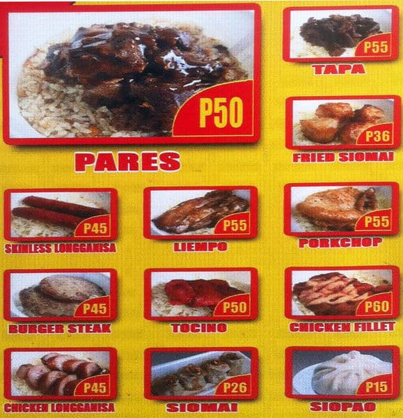 Menu at Pares Boy, Manila