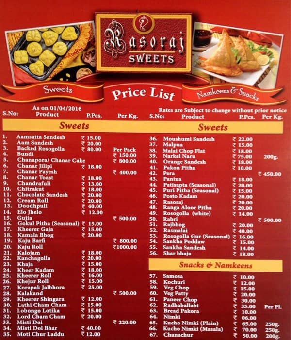 Rasoraj Sweets Menu, Menu for Rasoraj Sweets, Chittaranjan Park, New ...