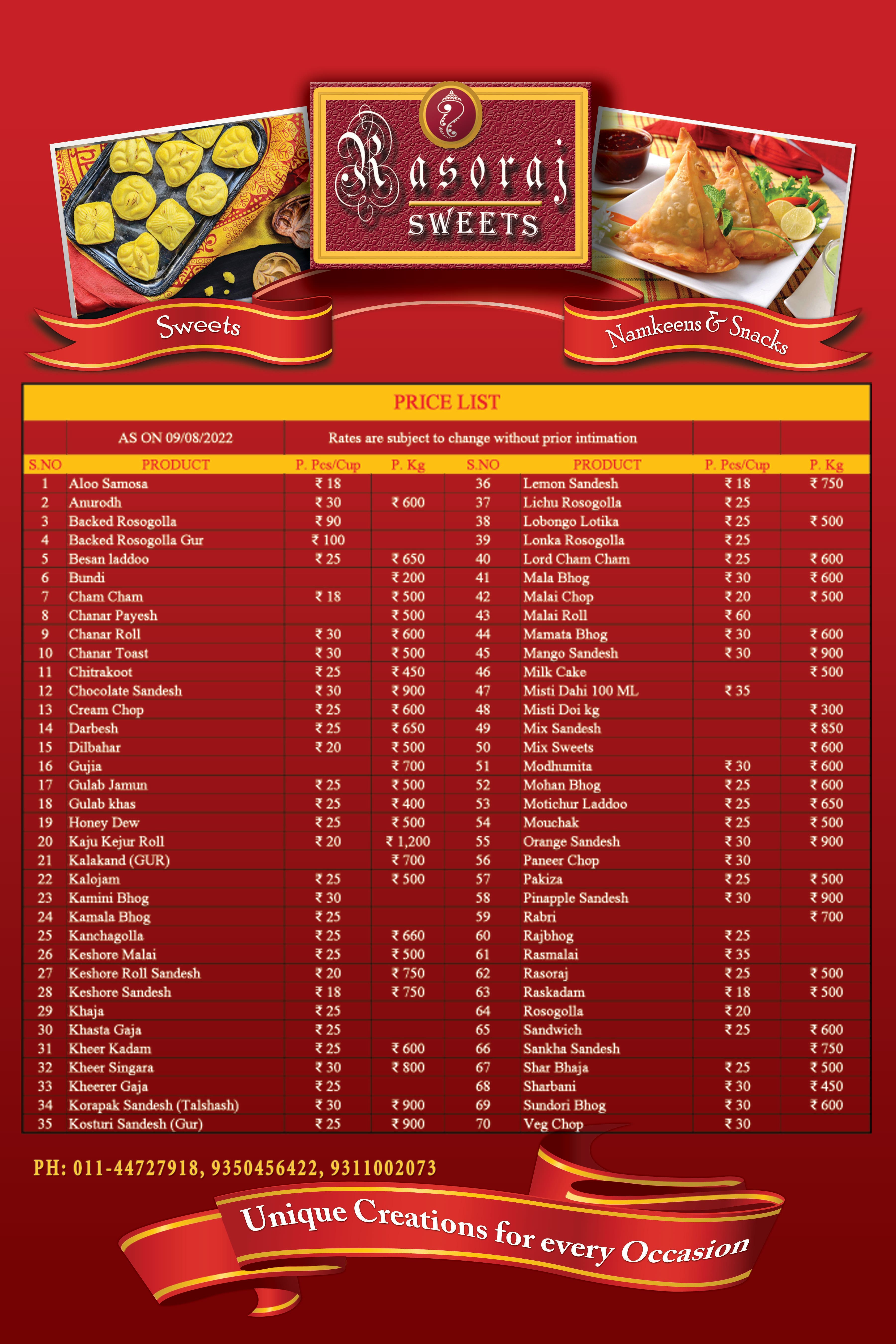 Menu of Rasoraj Sweets, Chittaranjan Park, New Delhi