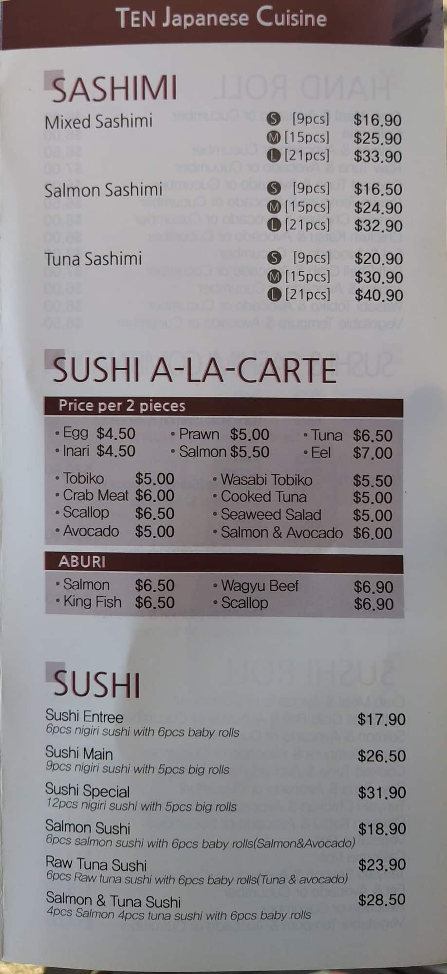 Menu at Ten Japanese Cuisine Bondi restaurant, Bondi