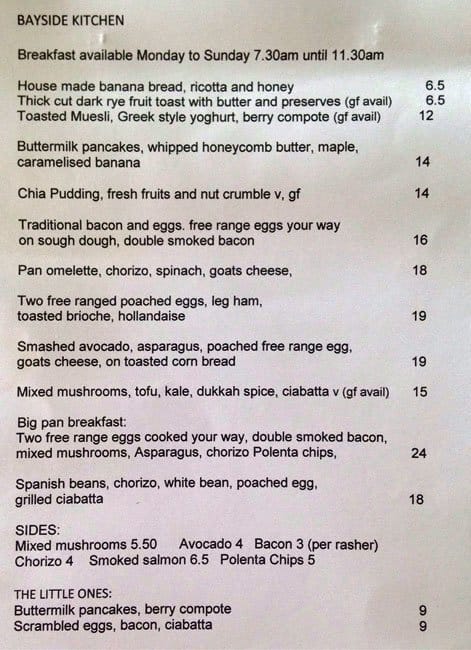 Menu at Bayside Kitchen cafe, Crawley