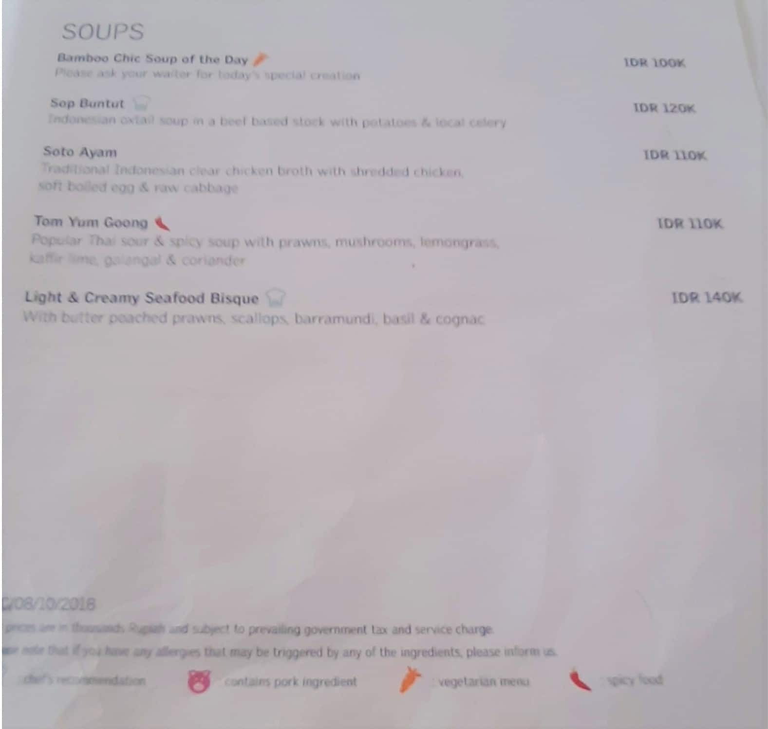 Menu at Bamboo Chic Restaurant, Jimbaran