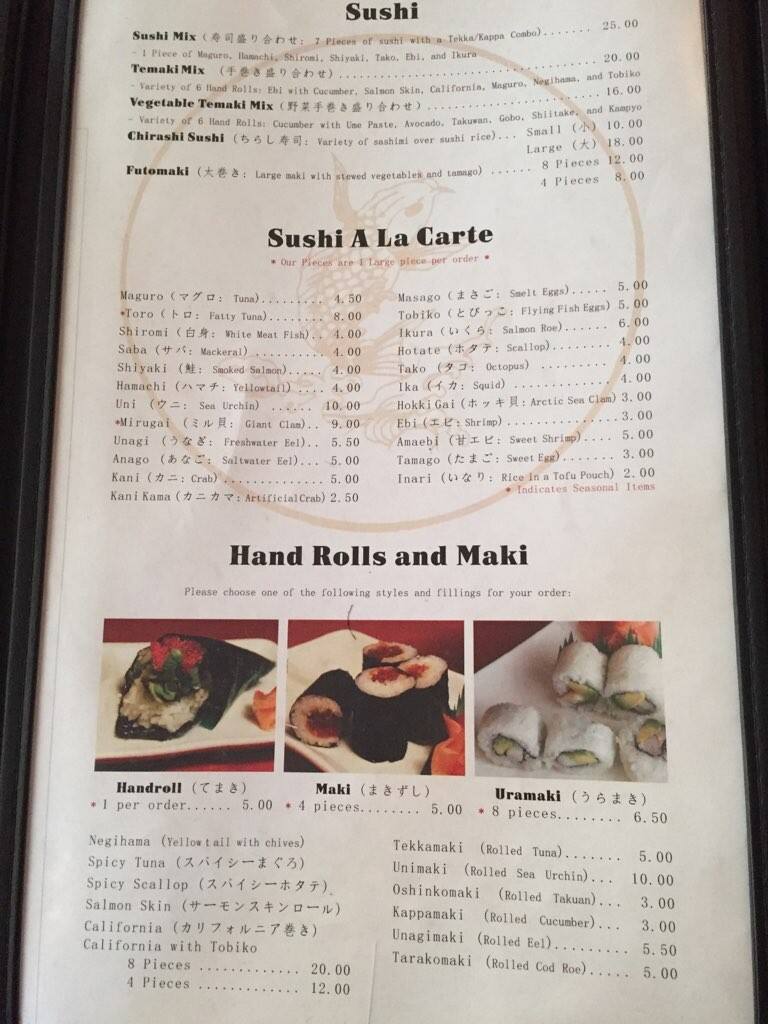 Menu at Niki's Tokyo Inn restaurant, San Antonio
