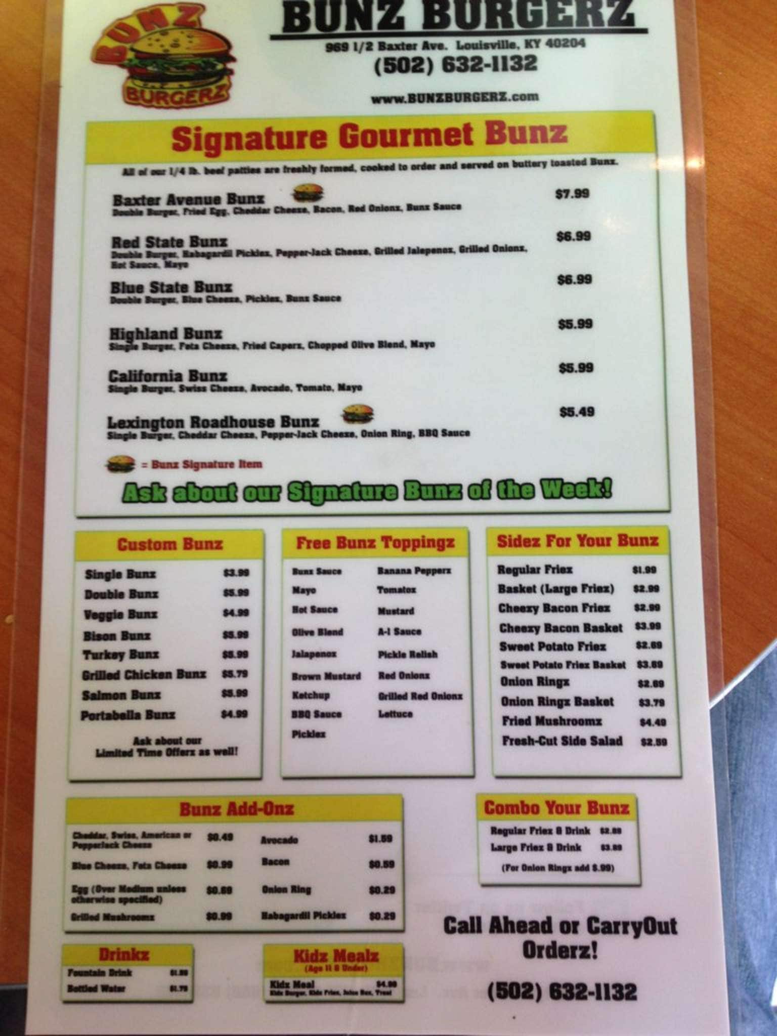 Menu at Bunz restaurant, Louisville, 712 Brent St