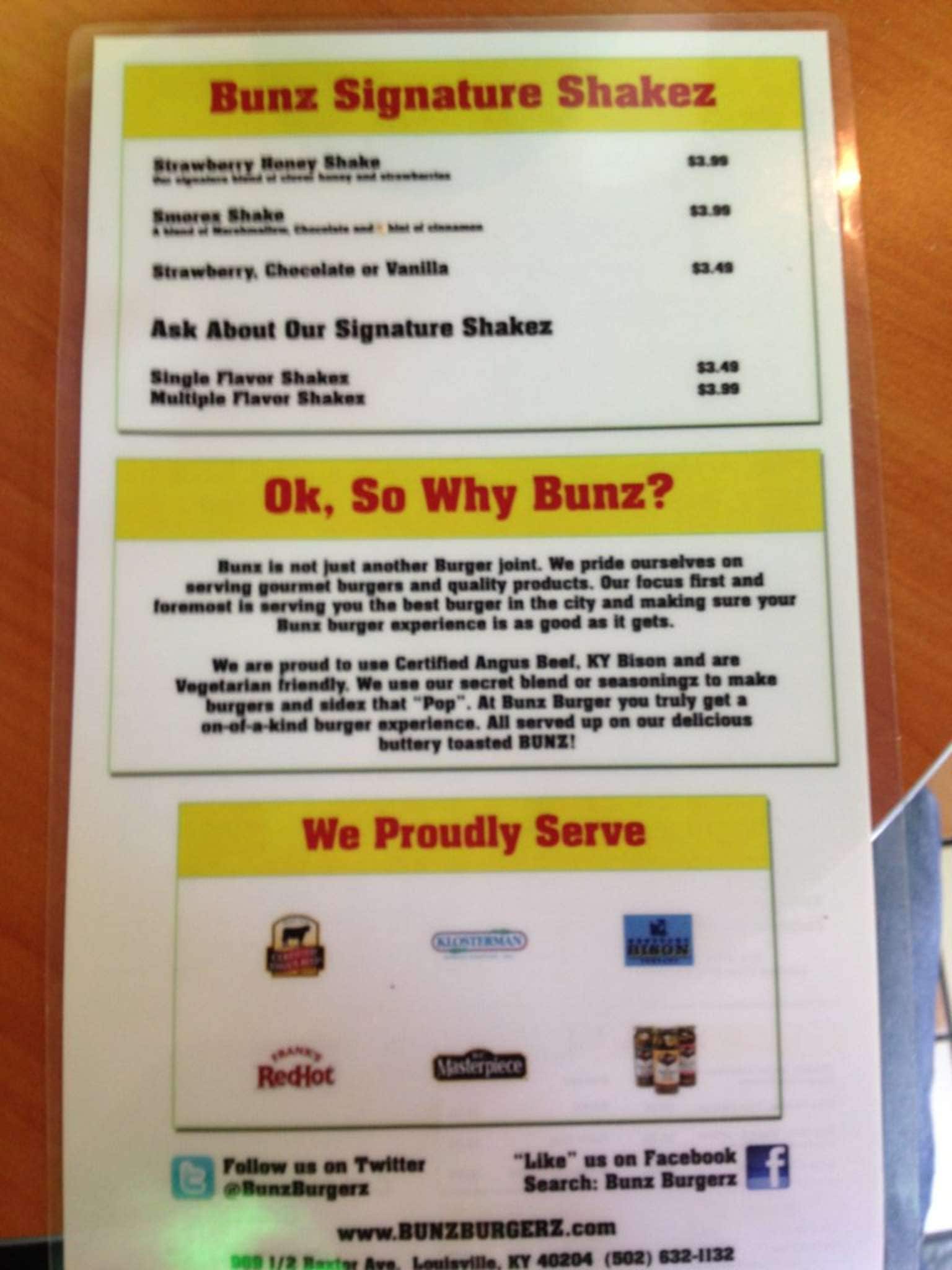 Menu at Bunz restaurant, Louisville, 712 Brent St