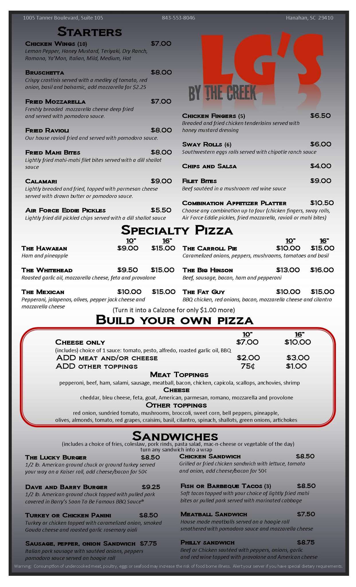 Menu at LG's By The Creek pub & bar, Hanahan