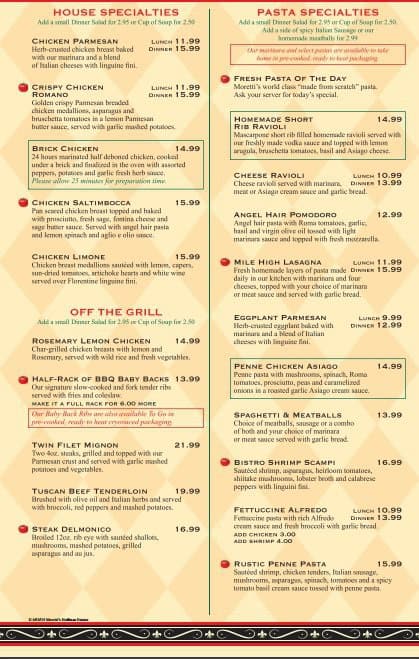 Menu at Moretti's Ristorante pub & bar, Lake in the Hills