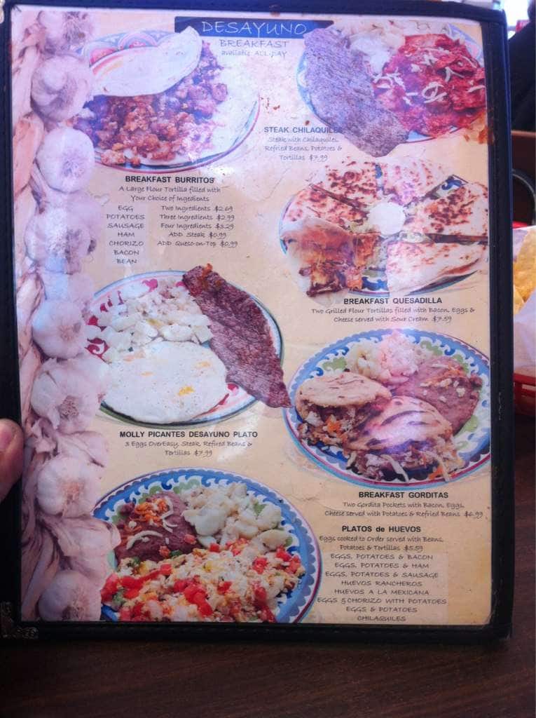 Menu at Picantes restaurant, Lubbock