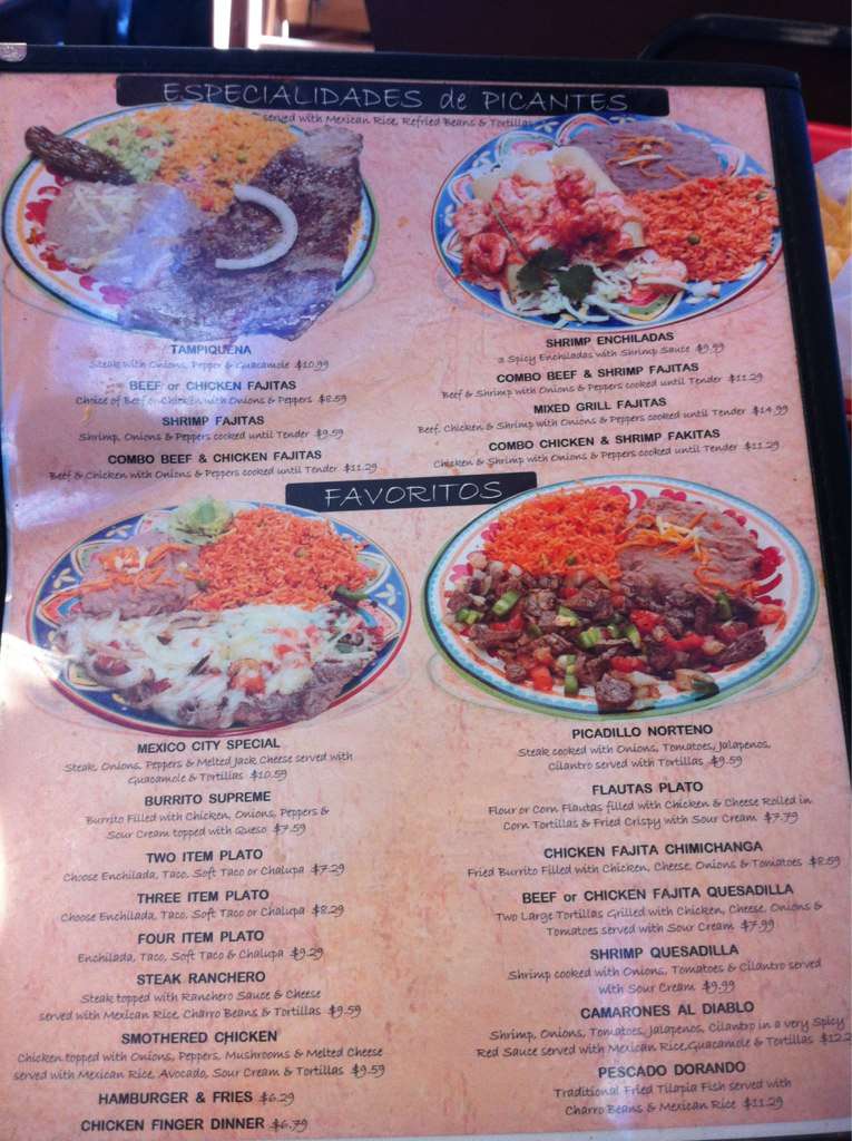 Menu at Picantes restaurant, Lubbock