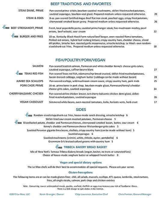 Menu at Le Moo steakhouse, Louisville