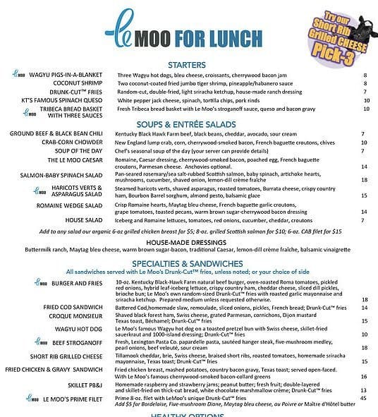 Menu at Le Moo steakhouse, Louisville