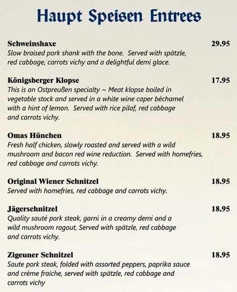 Menu at German Restaurant Old Europe, Greensboro