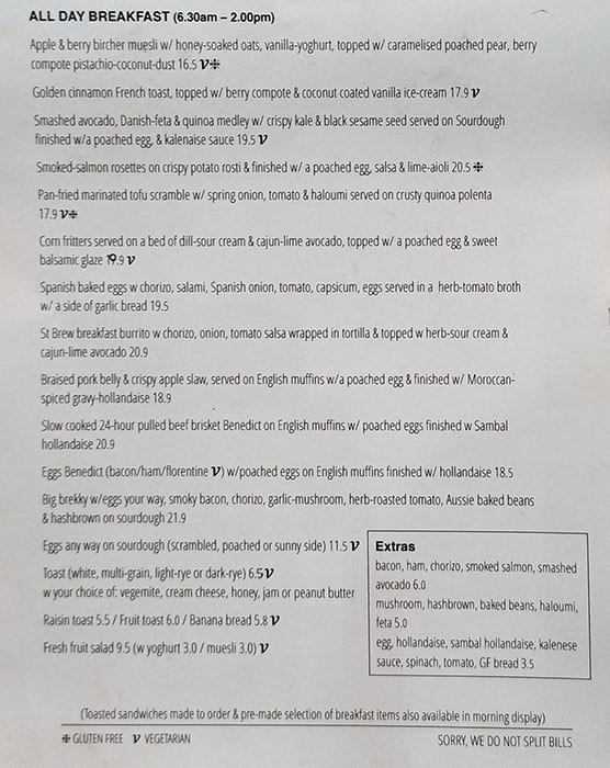 Menu at St. Brew cafe, Docklands