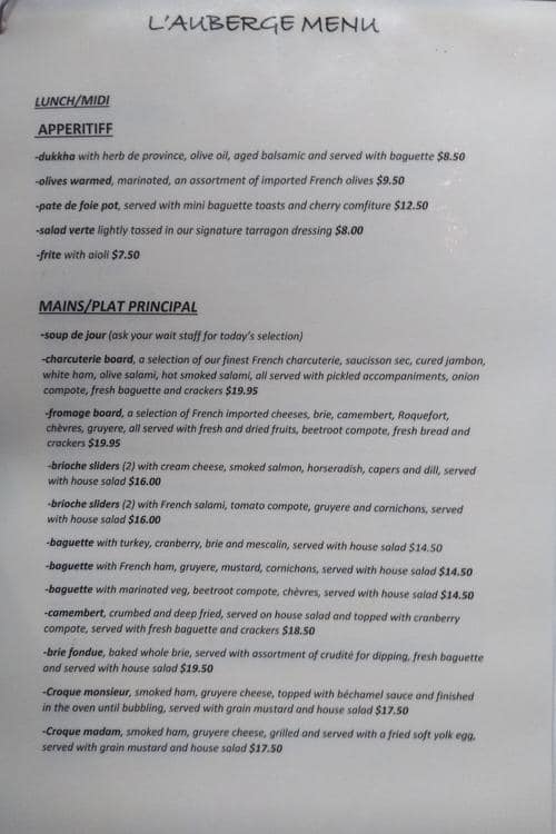 Menu at L'auberge cafe, Lilydale