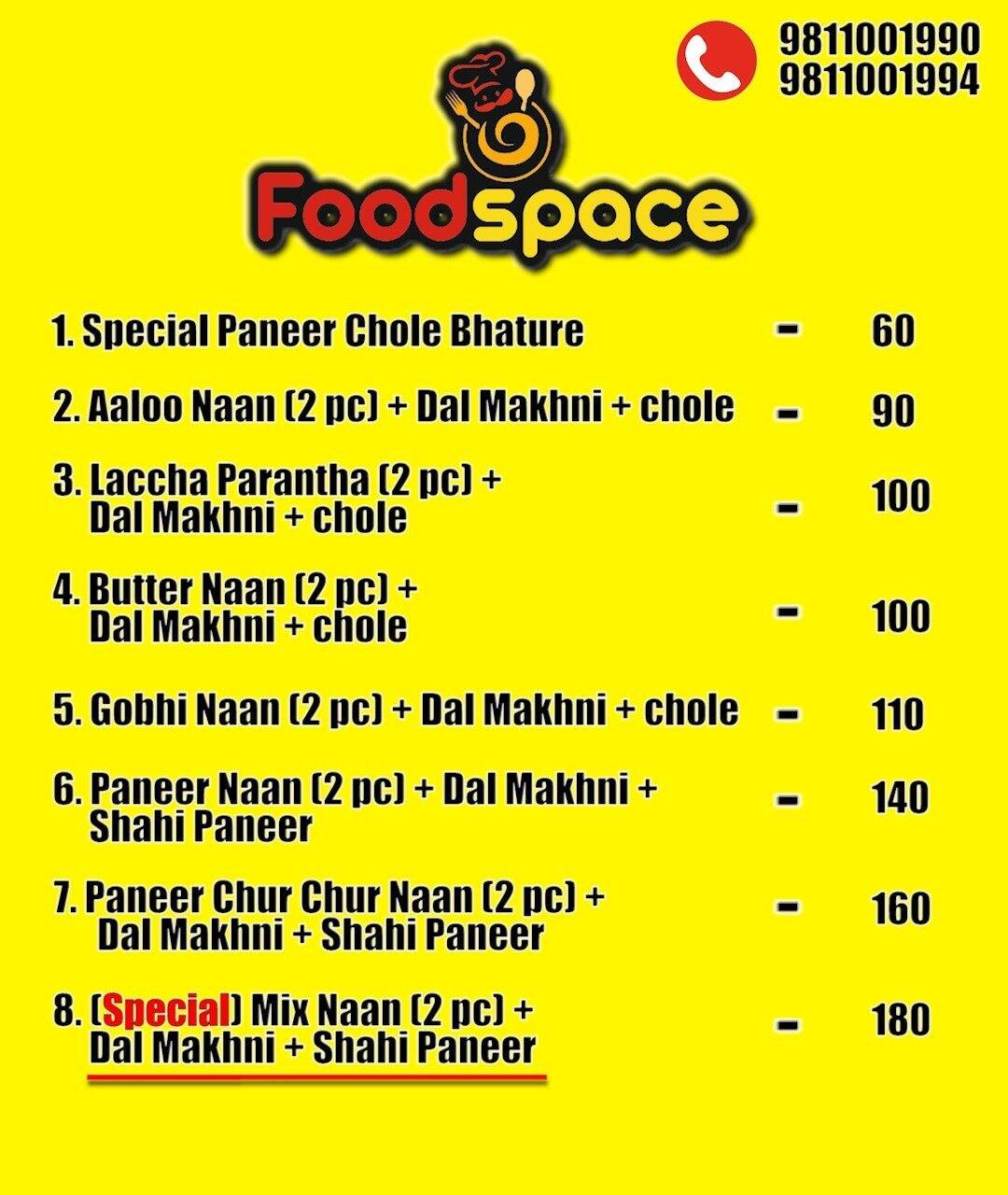 Menu of Food Space, Shadipur, New Delhi