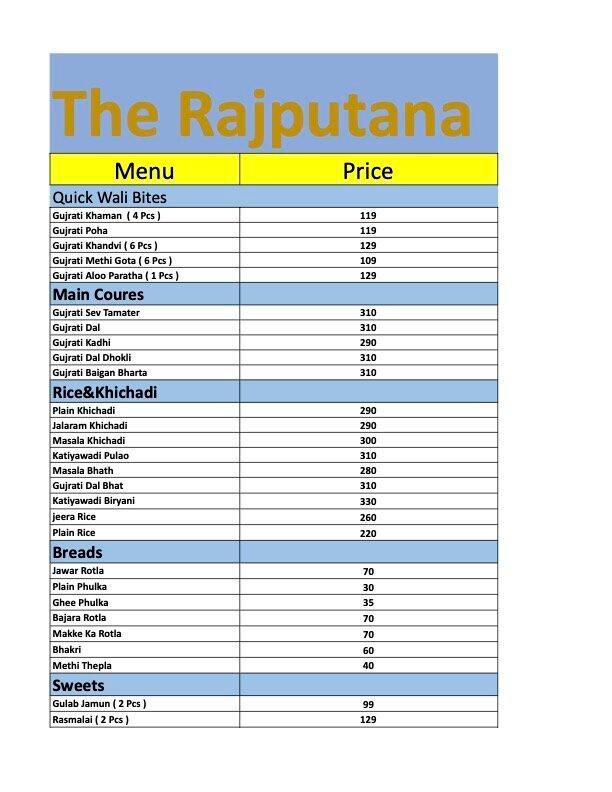 Menu of The Rajputana, Brookefield, Bangalore