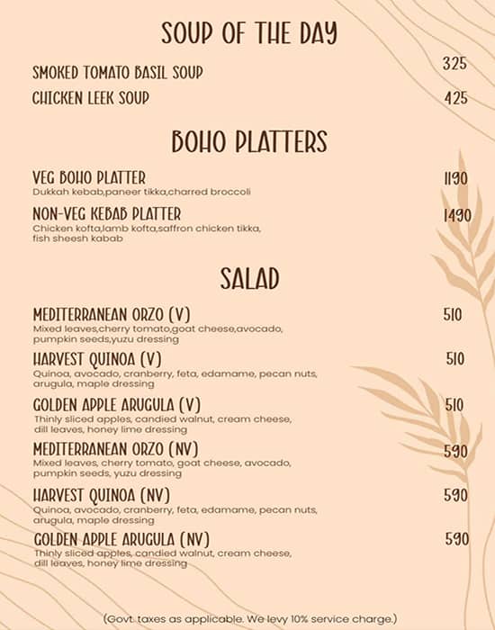 Menu of House Of Boho, South Extension 2, New Delhi