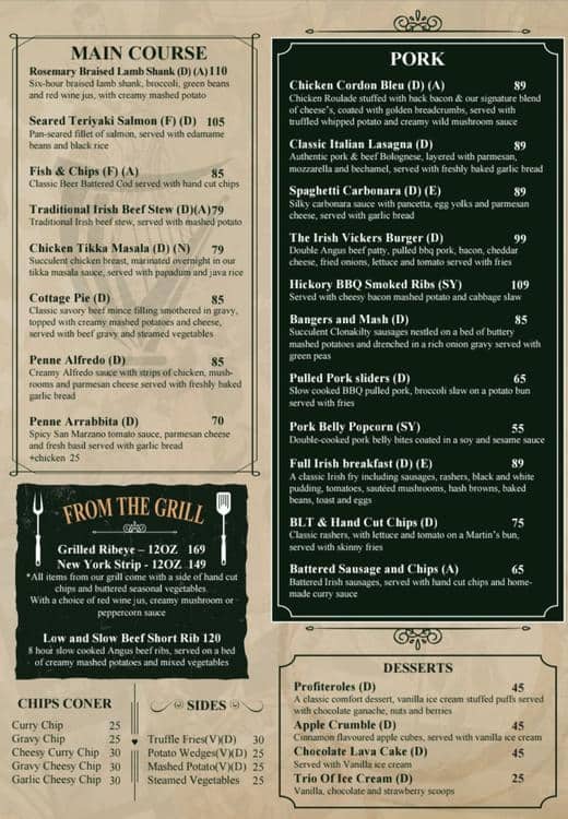 Menu of The Irish Vicker's, Al Raha, Abu Dhabi