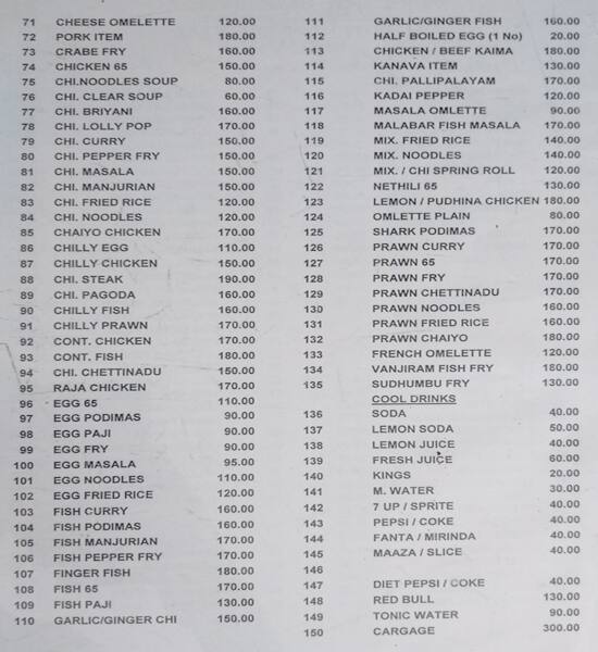 Menu at Continental French Hotel, Puducherry