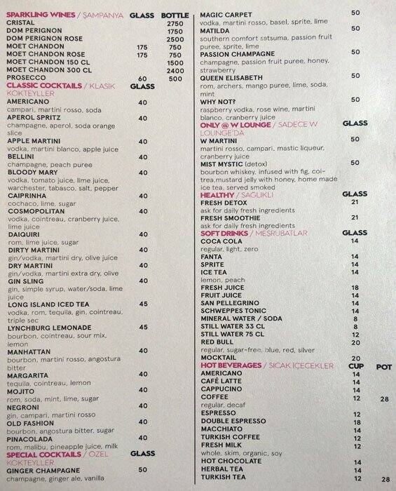 W Lounge - W Hotel İstanbul Menü - Zomato Türkiye
