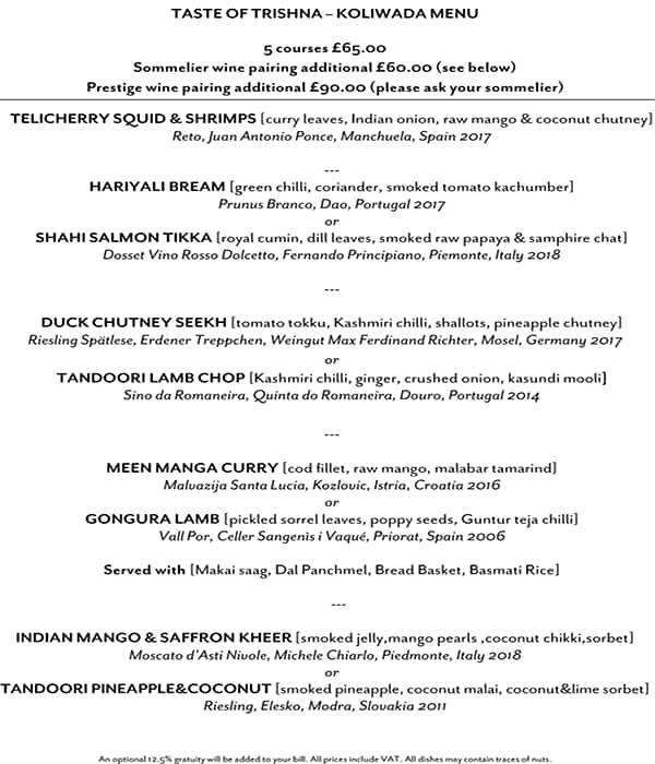 Menu at Trishna restaurant, London