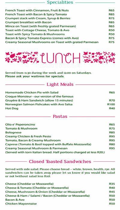 Menu at Park Café cafe, Randburg