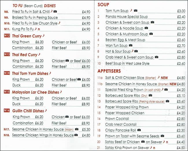 Menu at Panda House restaurant, Glasgow, 665 Pollokshaws Rd