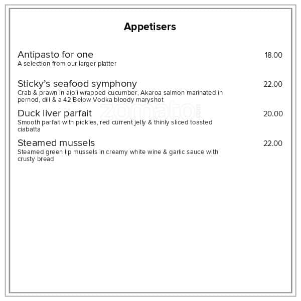 Menu at Sticky Fingers pub & bar, Christchurch